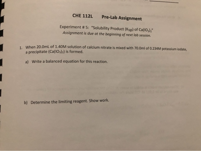 Solved CHE 112L Pre-Lab Assignment Experiment #5: | Chegg.com