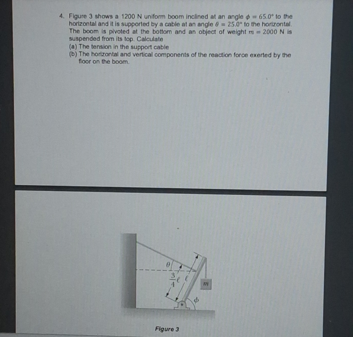 Solved Figure 3 ﻿shows a 1200 ﻿N uniform boom inclined at an | Chegg.com