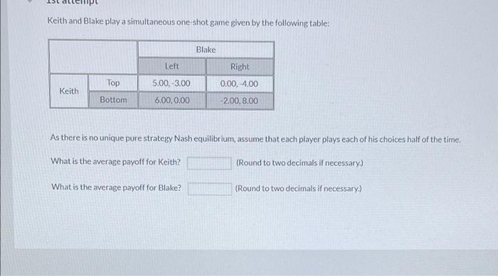 Solved Keith and Blake play a simultaneous one shot game | Chegg.com