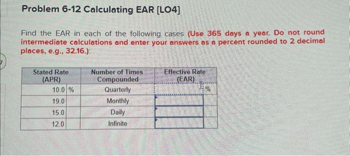 Solved Find the EAR in each of the following cases (Use 365 | Chegg.com