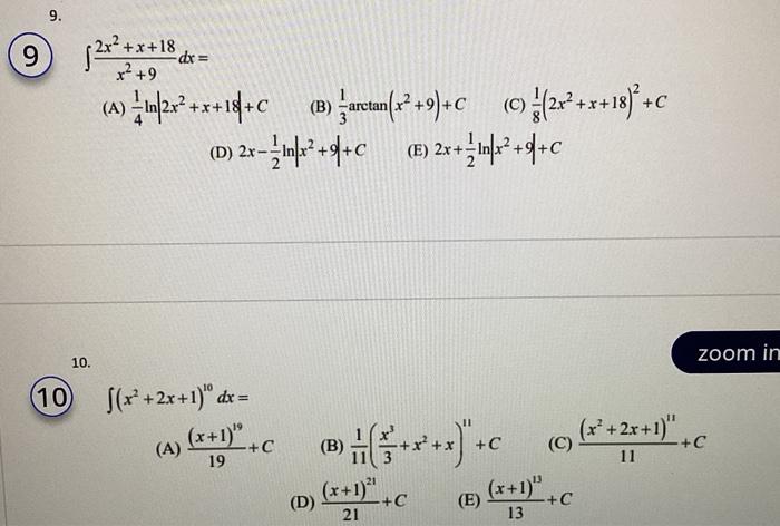 Solved (9) ∫x2+92x2+x+18dx= (A) 41ln∣∣2x2+x+18∣∣+C (B) | Chegg.com