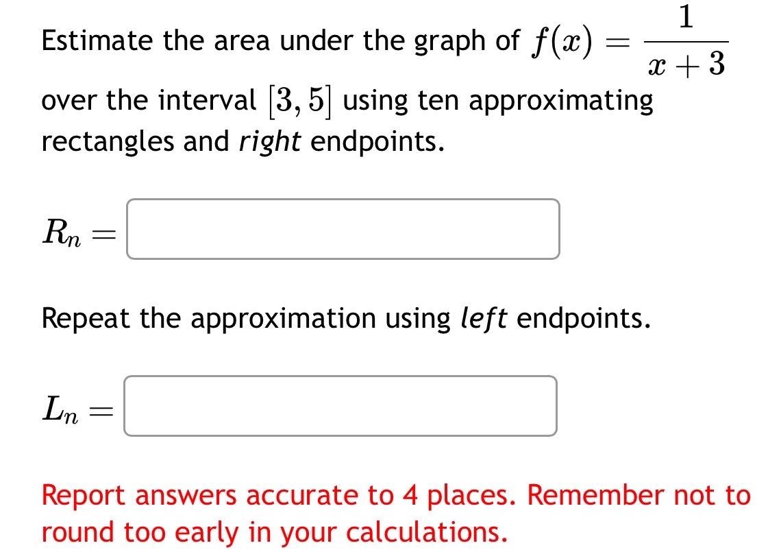 Solved Estimate the area under the graph of f(x)=1x+3 ﻿over | Chegg.com
