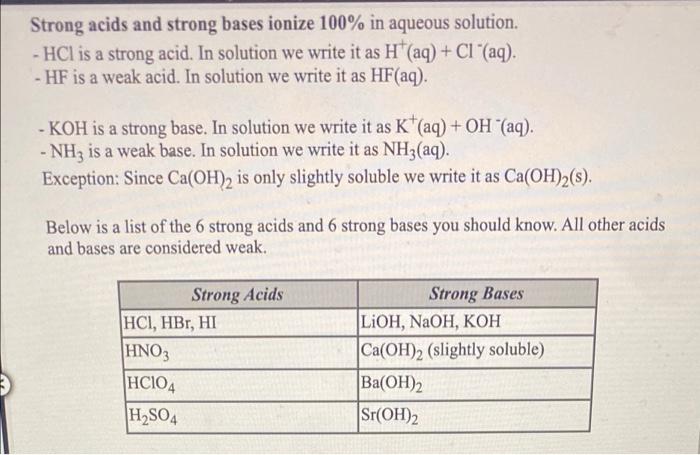 Solved Strong acids and strong bases ionize 100% in aqueous | Chegg.com