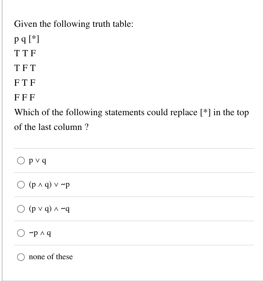 Solved Given the following truth table:p q [*]T T FT F TF T | Chegg.com