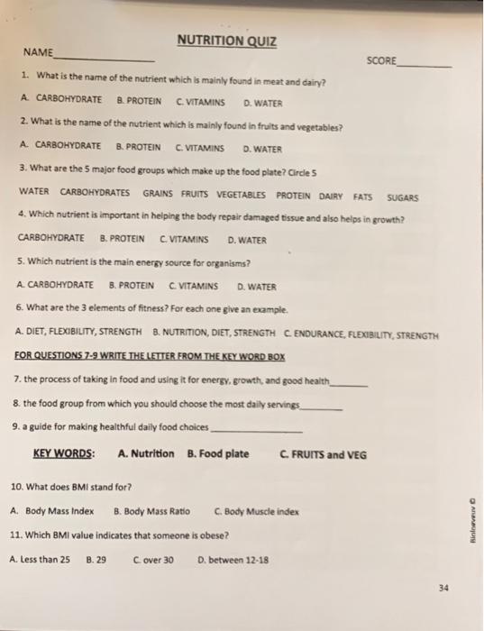 NUTRITION QUIZ NAME SCORE 1. What is the name of the | Chegg.com