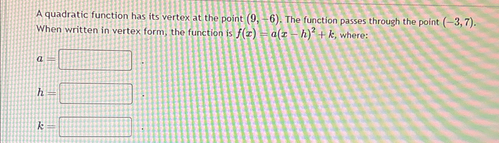 Solved A quadratic function has its vertex at the point | Chegg.com
