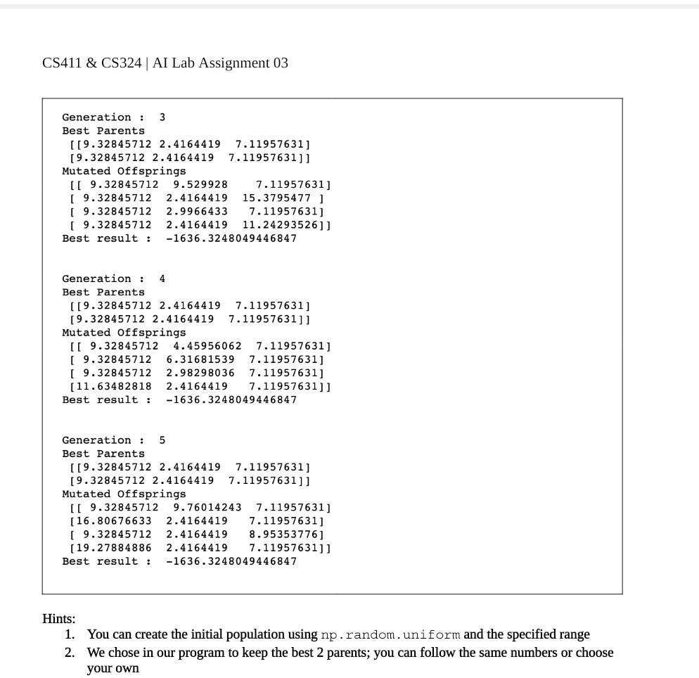 Hints: 1. You can create the initial population using | Chegg.com