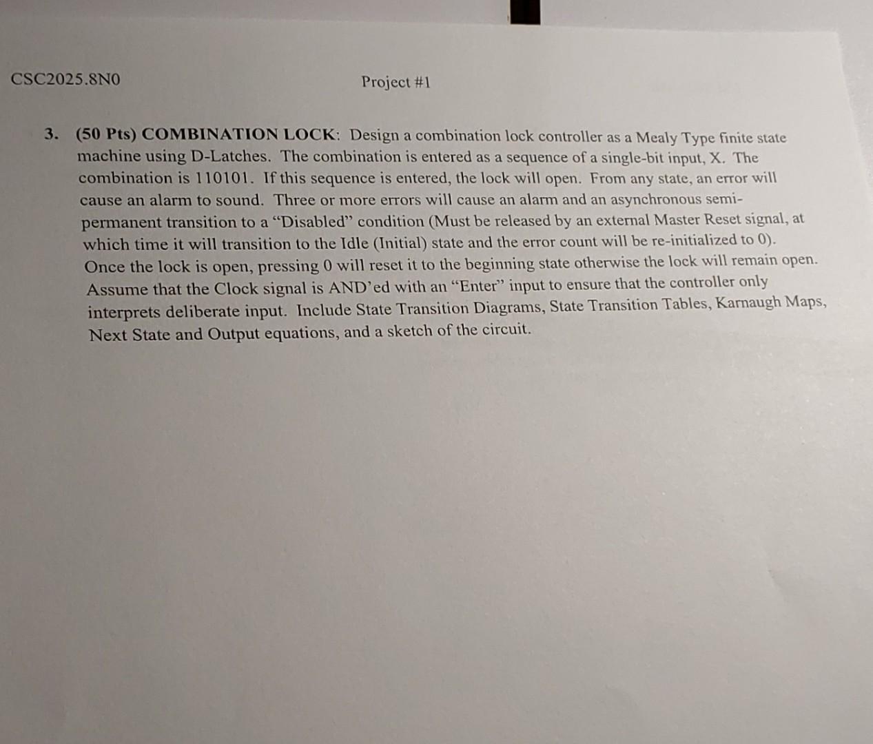 (50 Pts) COMBINATION LOCK: Design a combination lock | Chegg.com