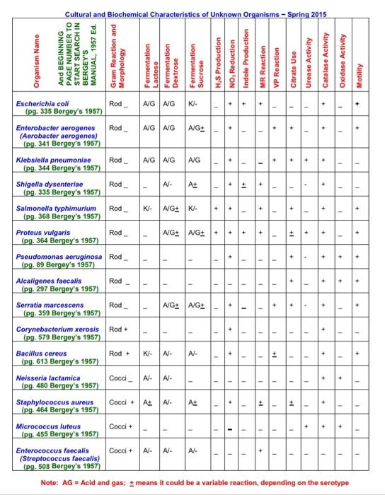 Solved Cultural and Biochemical Characteristics of Unknown | Chegg.com
