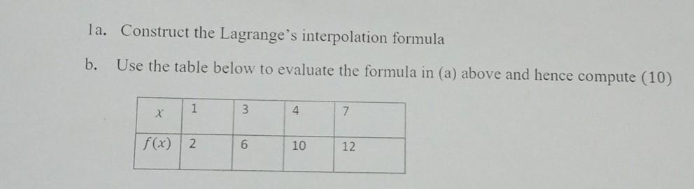 Solved 1a. Construct the Lagrange's interpolation formula b. | Chegg.com