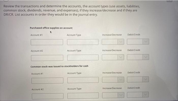 Solved Review the transactions and determine the accounts, | Chegg.com