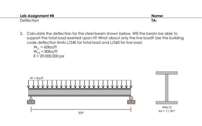 Solved 2. Calculate the deflection for the steel beam shown | Chegg.com
