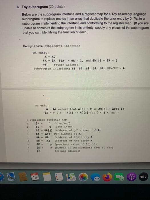 6. Toy subprogram (20 points) Below are the | Chegg.com