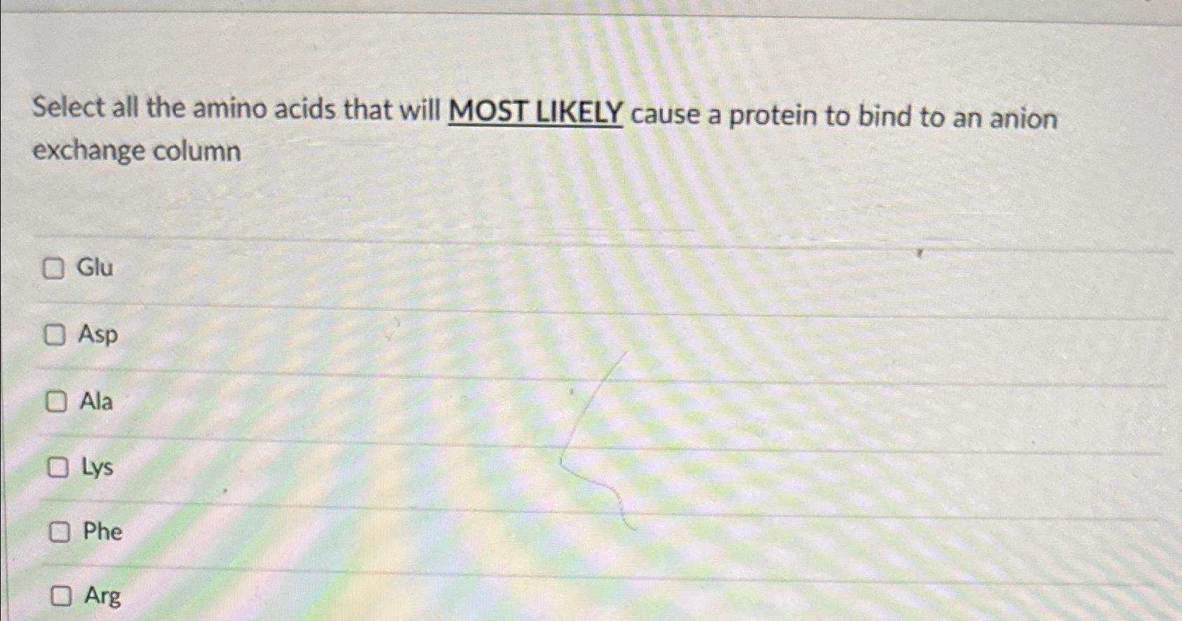 Solved Select all the amino acids that will MOST LIKELY | Chegg.com