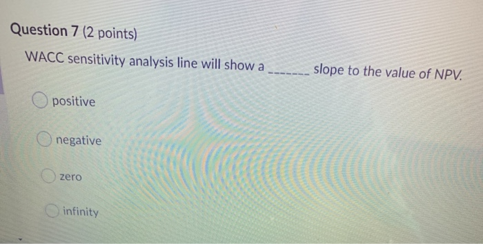 Solved Question 7 (2 points) WACC sensitivity analysis line | Chegg.com