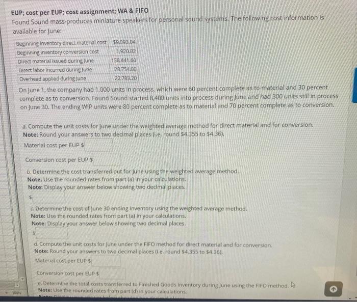 Solved EUP; cost per EUP: cost assignment; WA & FIFO Found | Chegg.com