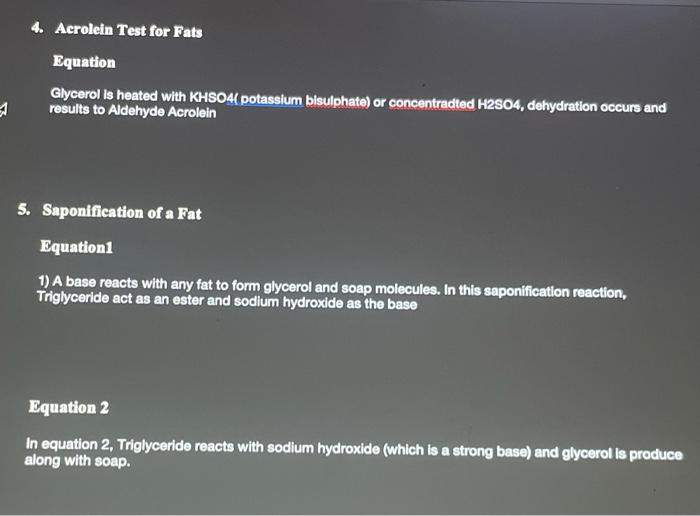 Solved 4. Acrolein Test for Fats Equation Glycerol is heated | Chegg.com