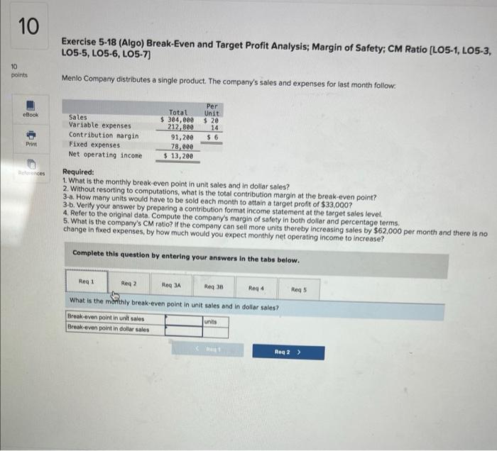 Solved Exercise 5-18 (Algo) Break-Even and Target Profit | Chegg.com
