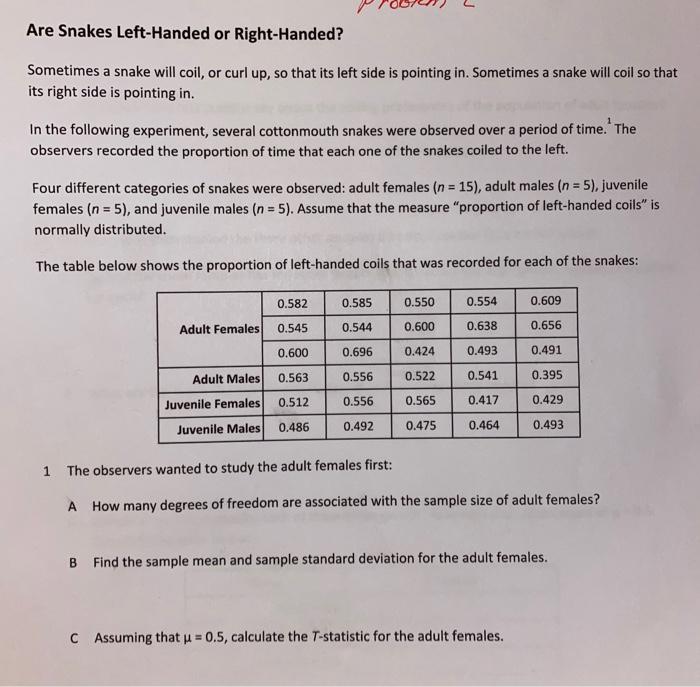Solved Are Snakes Left-Handed or Right-Handed? Sometimes a | Chegg.com