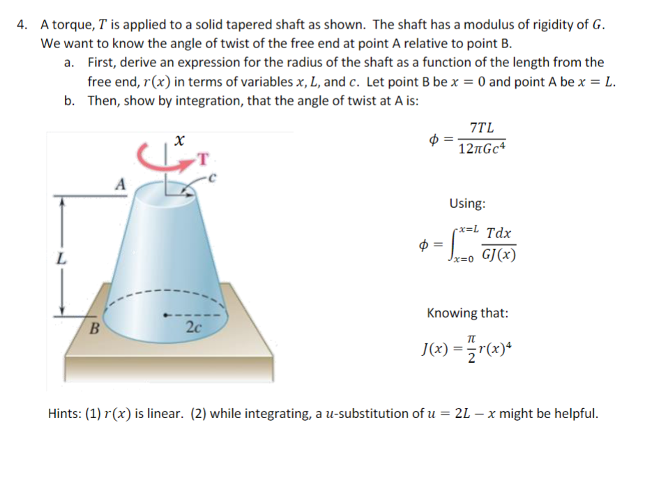 A torque, T ﻿is applied to a solid tapered shaft as | Chegg.com