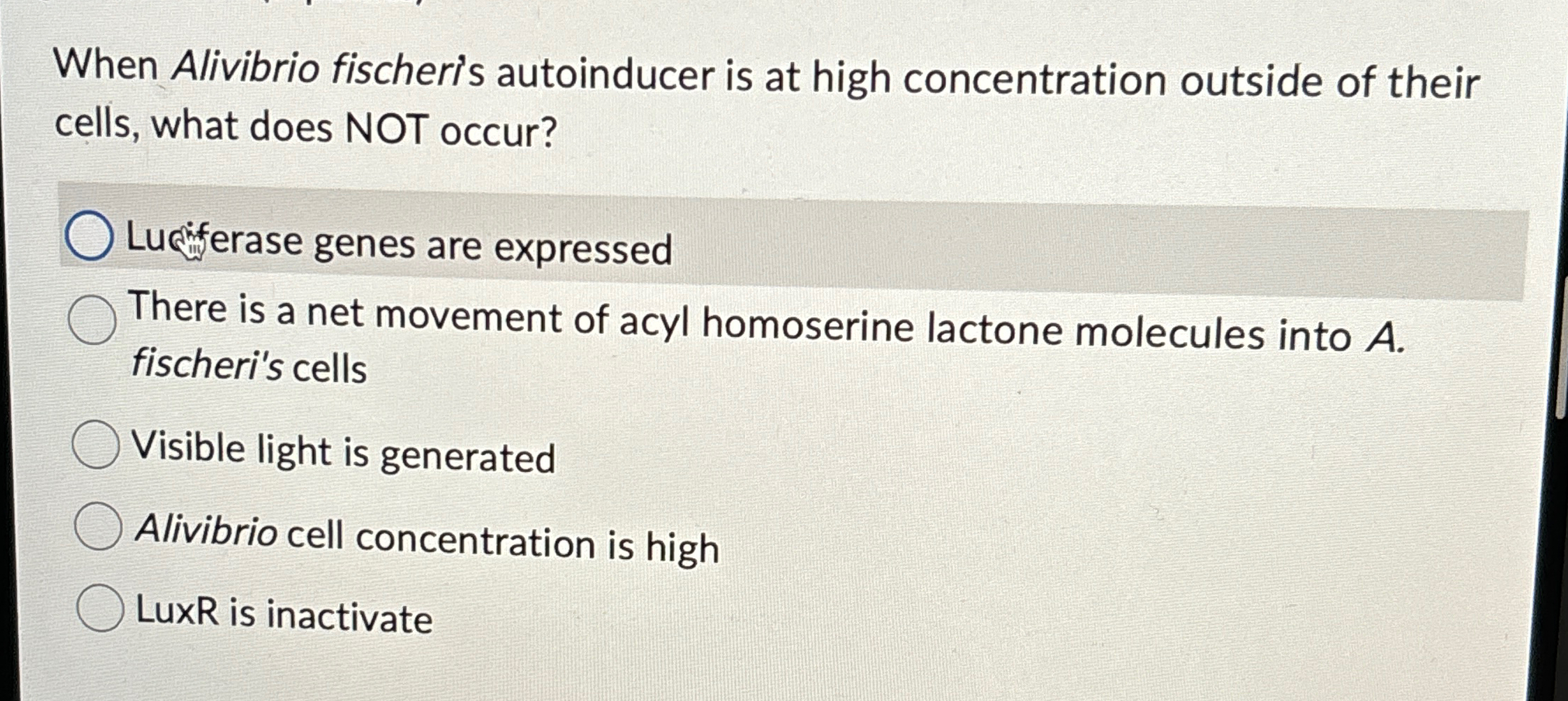 Solved When Alivibrio fischer's autoinducer is at high | Chegg.com