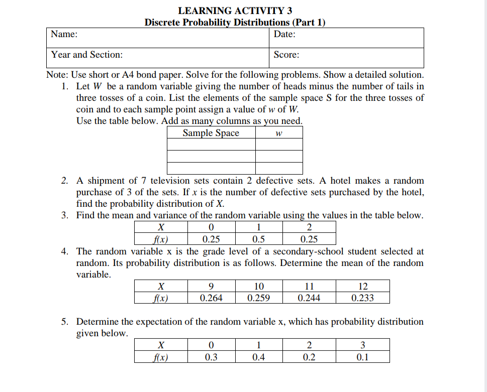 Solved LEARNING ACTIVITY 3 Discrete Probability | Chegg.com
