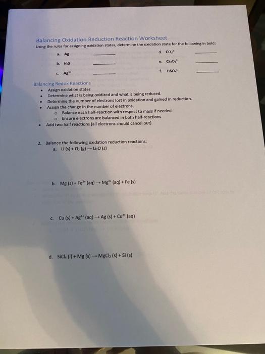 Solved Balancing Oxidation Reduction Reaction Worksheet | Chegg.com