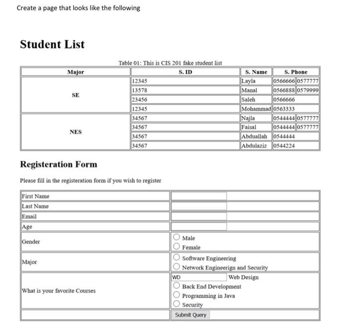 Solved Create a page that looks like the following Student | Chegg.com