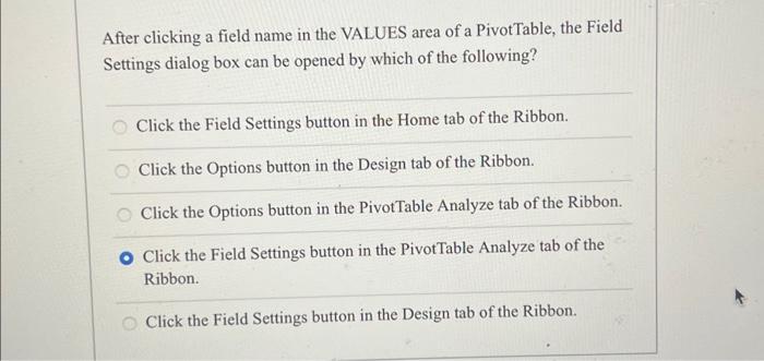 Solved After clicking a field name in the VALUES area of a | Chegg.com