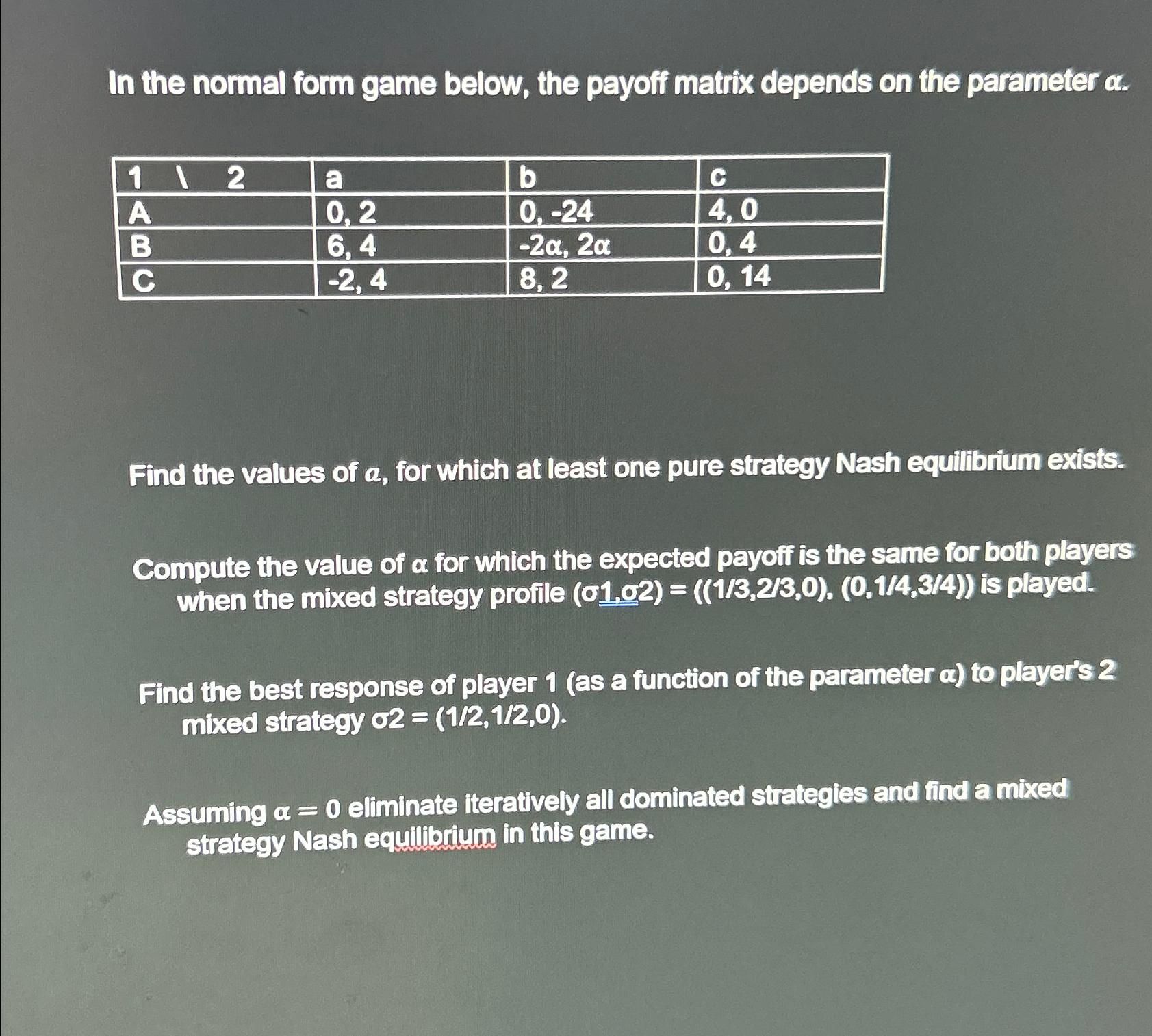 Solved In the normal form game below, the payoff matrix | Chegg.com