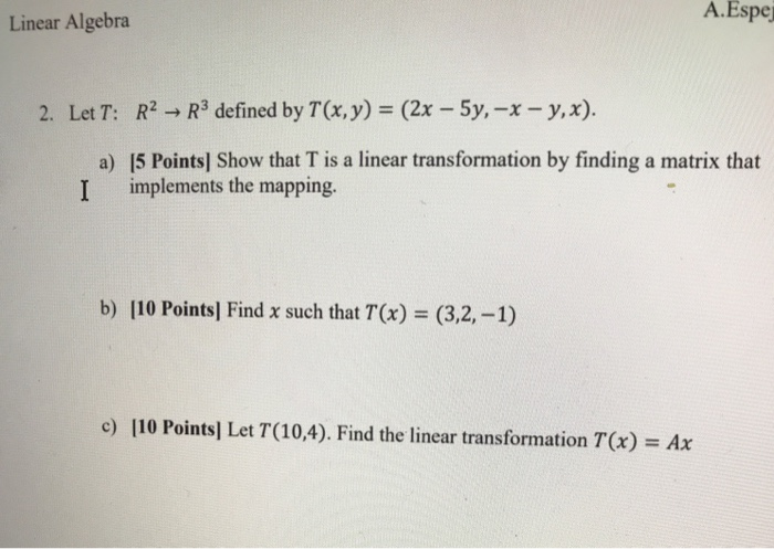 Solved Linear Algebra A.Espe 2. Let T: R2 R3 defined by | Chegg.com