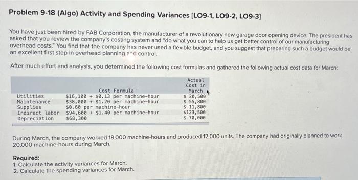 Solved Problem 9-18 (Algo) Activity and Spending Variances | Chegg.com