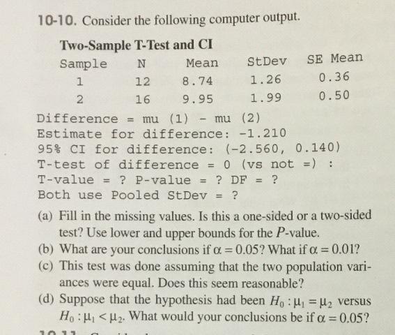 Solved 10-10. Consider the following computer output. | Chegg.com