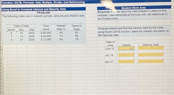 Solved Function: DATE; Formula: Add, Multiply. Divide; Cell | Chegg.com