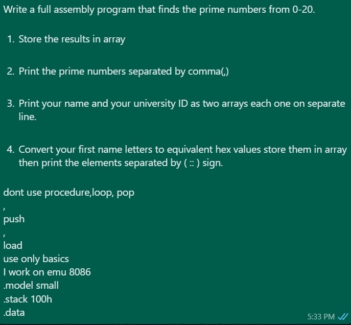 Solved Write a full assembly program that finds the prime | Chegg.com