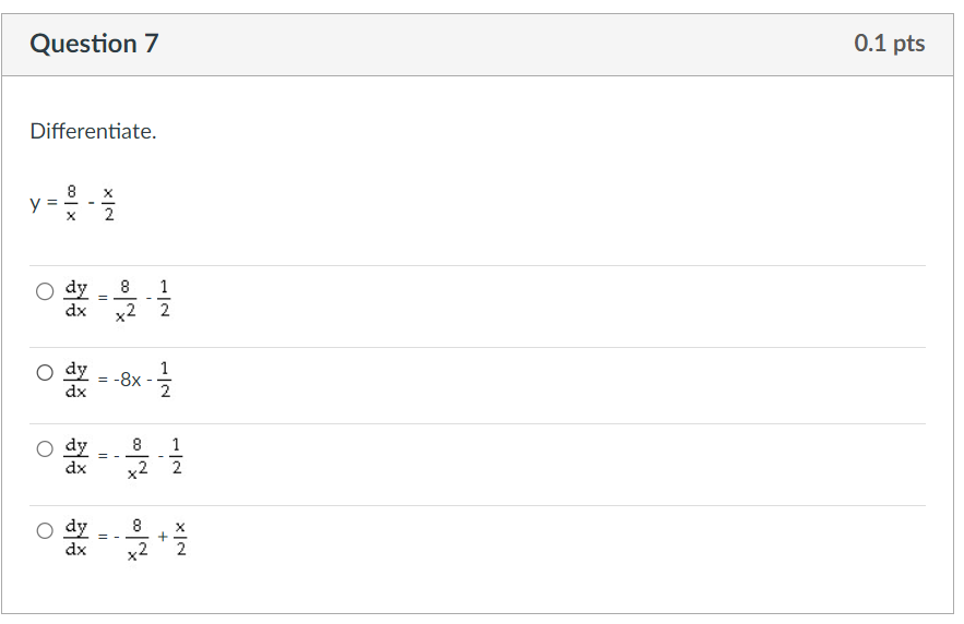 Solved Differentiate. ﻿ y=x e^-8 ﻿x+2 ﻿e^-x+x^4 ﻿Choose | Chegg.com