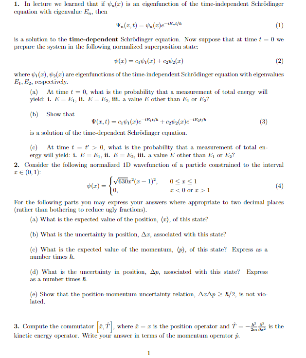 In lecture we learned that if ψn(x) ﻿is an | Chegg.com