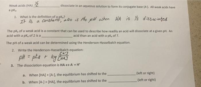 Weak acids (HA) 1/2 dissociate in an aqueous solution | Chegg.com