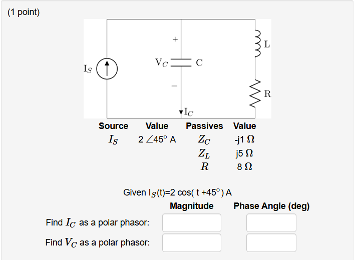 Solved (1 ﻿point)Given IS(t)=2cos(t+45°)AMagnitudePhase | Chegg.com