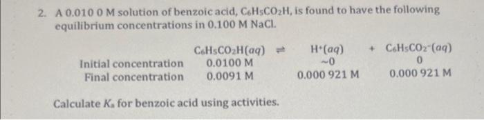 Solved 2. A 0.0100M solution of benzoic acid, C6H5CO2H, is | Chegg.com