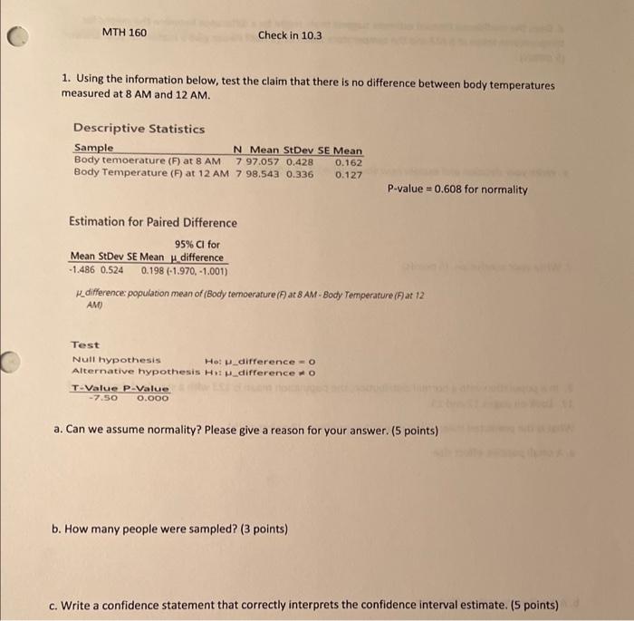 Solved MTH 160 Check in 10.3 1. Using the information below, | Chegg.com