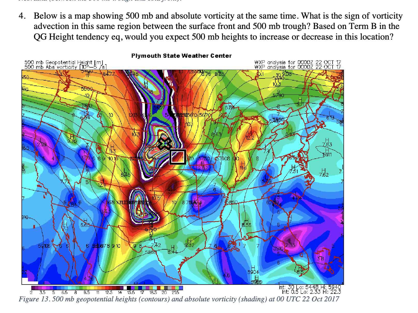 Solved Below is a map showing 500mb ﻿and absolute vorticity | Chegg.com