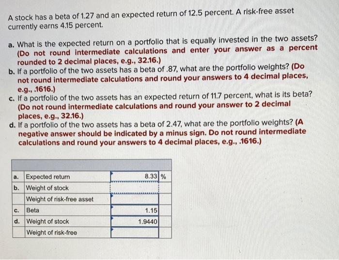Solved A stock has a beta of 1.27 and an expected return of | Chegg.com