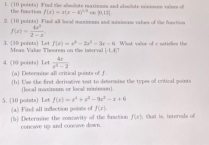 Solved 1. (10 points) Find the absolute maximum and absolute | Chegg.com