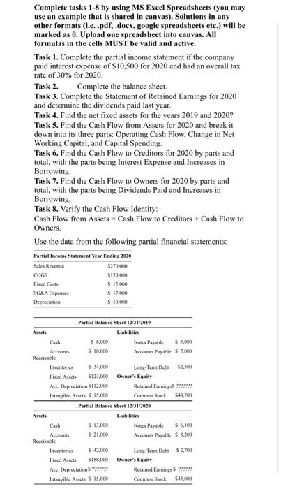 Complete tasks 1-8 by using MS Excel Spreadsheets | Chegg.com