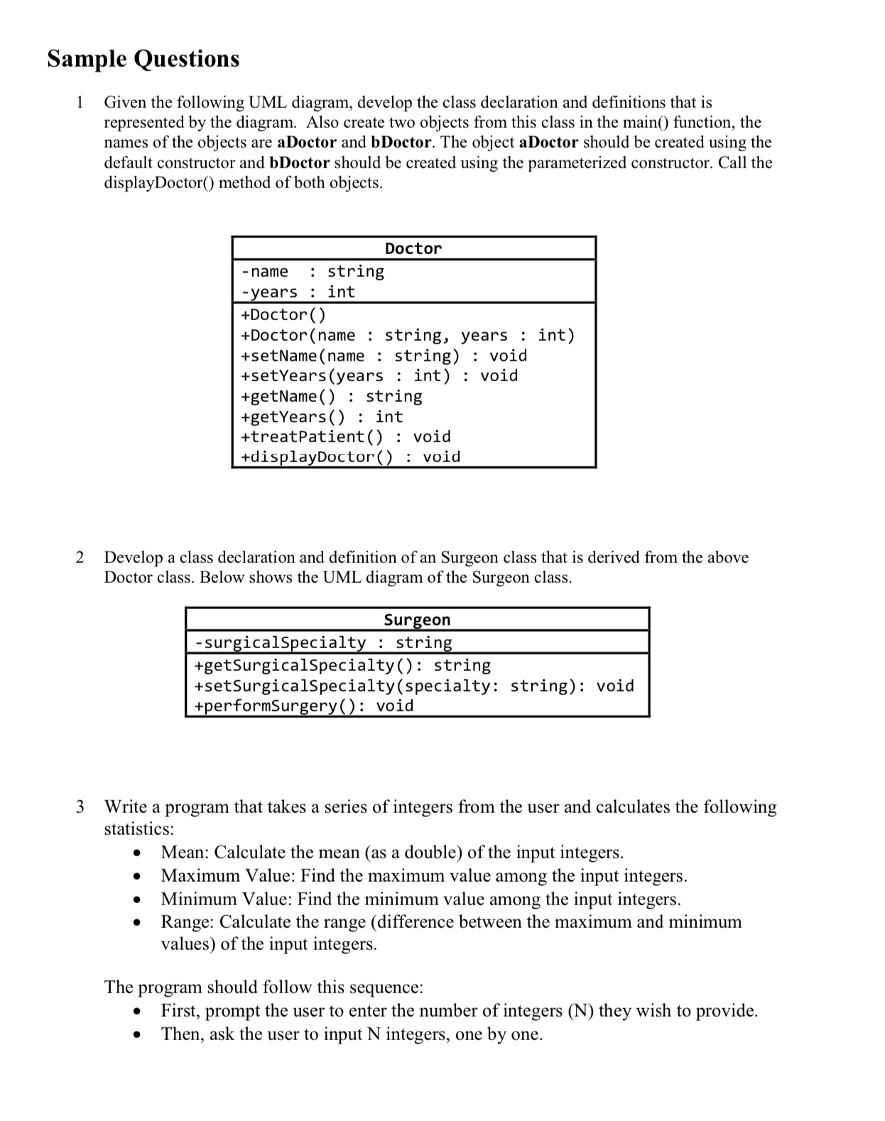 Solved Sample Questions1 ﻿Given the following UML diagram, | Chegg.com