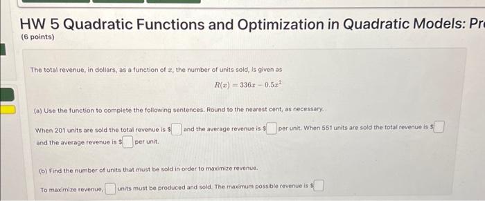 Solved HW 5 Quadratic Functions and Optimization in | Chegg.com