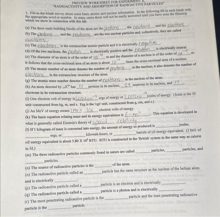 Solved PREVIEW WORKSHEET FOR EXPERIMENT A, "RADIOACTIVITY | Chegg.com