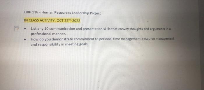 Solved HRP 118 - Human Resources Leadership Project IN CLASS | Chegg.com