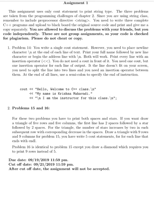Solved Assignment 1 This assignment uses only cout statement | Chegg.com